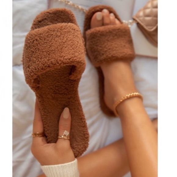 Shoes | New Cozy Faux Sherpa Teddy Slides In Carmel | Poshmark